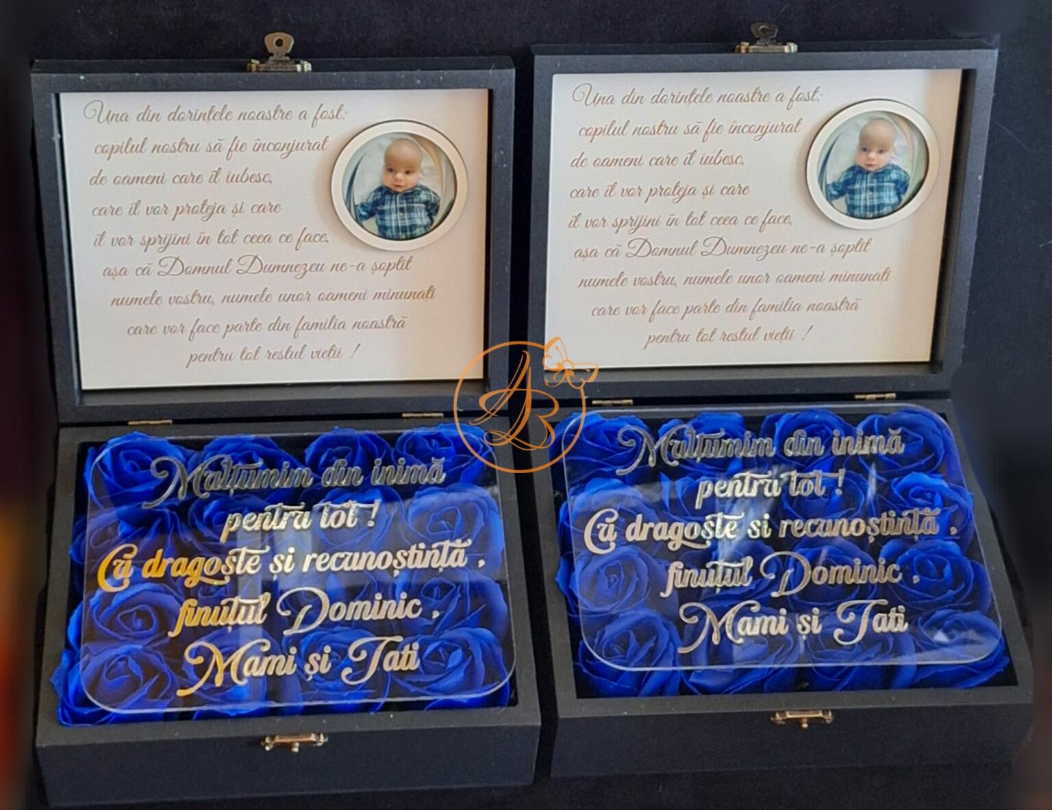 Cutie cu poza, flori si placa plexiglass, pentru nasi – Art Butik