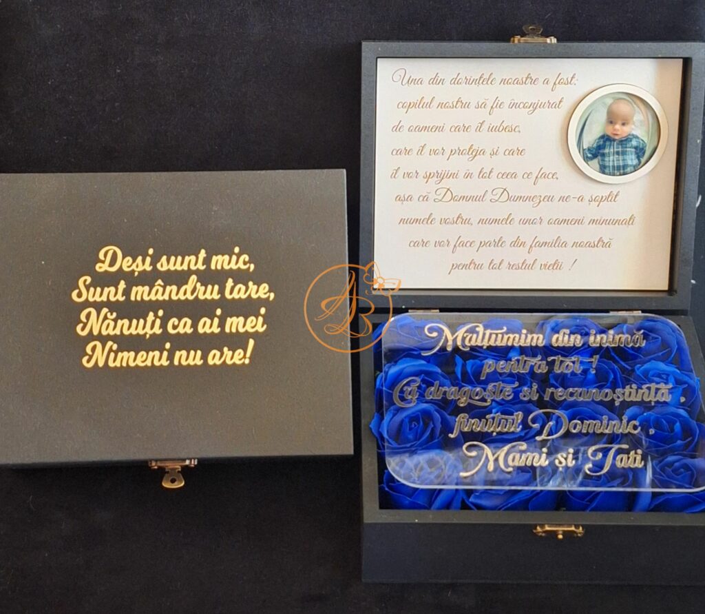 Cutie cu poza, flori si placa plexiglass, pentru nasi – Art Butik