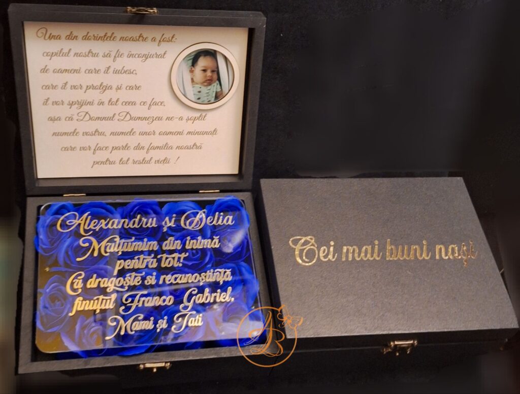 Cutie cu poza, flori si placa plexiglass, pentru nasi – Art Butik